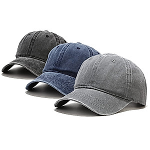 Umeepar 3 Pack Baseball Cap Vintage Distressed Low Profile Unstructured Plain Cotton Dad Hat Adjustable for Women Men (Black, Dark Blue, Light Grey)