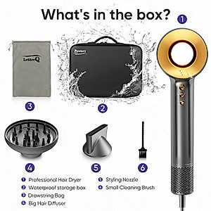 LettreQ Hair Dryer, 1400W Professional Ionic Hair Blow Dryer with Diffuser, Nozzle, Waterproof Handbag, Low Noise, No Heat Damage, Fast Drying, 3 Heating/3 Speed Settings for Home Travel Salon (A)