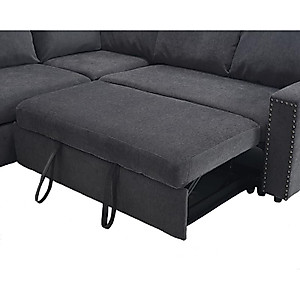 Couches for Living Room, Convertible Sectional Sofa Couch L Shaped Couch with Pull Out Sofa Bed & Square Handrail, Built-in Nailheads Trim, 5-seat Modular Sectional Sofa for Small Spaces, Grey