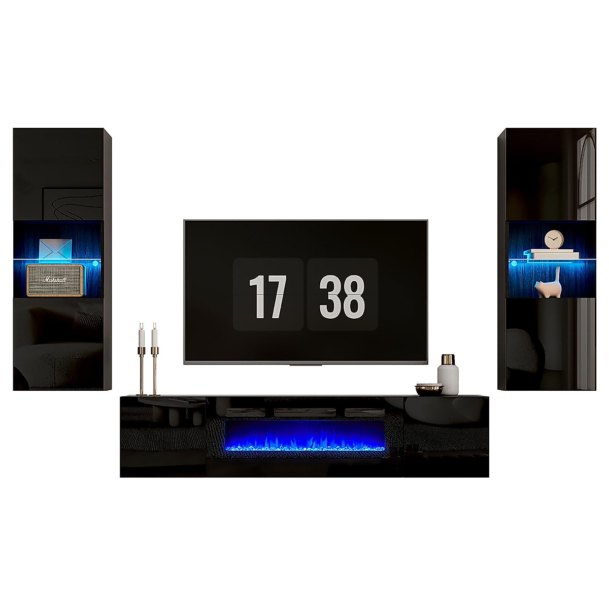 AMERLIFE Wall Unit Entertainment Center with 36" Electric Fireplace, Includes 68" Floating Fireplace TV Stand, 2 x Wall Cabinets, Modern LED Light Media Console Table for Living Room, Black/White