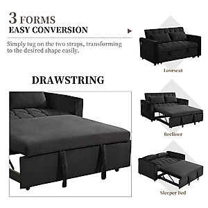 ZKJOLMN 3 in 1 Convertible Pull Out Couch Bed, Velvet Sleeper Sofa Couch with Pull Out Bed, Loveseat Sleeper with Adjustable Backrest, Pull Out Sofa Bed Sleeper for Living Room (Black)