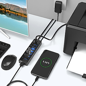 atolla Powered USB 3.0 Hub, 7 Ports USB Data Hub Splitter Plus 1 Smart Charging Port USB Extension Including Individual Switches and 5V/4A Power Adapter