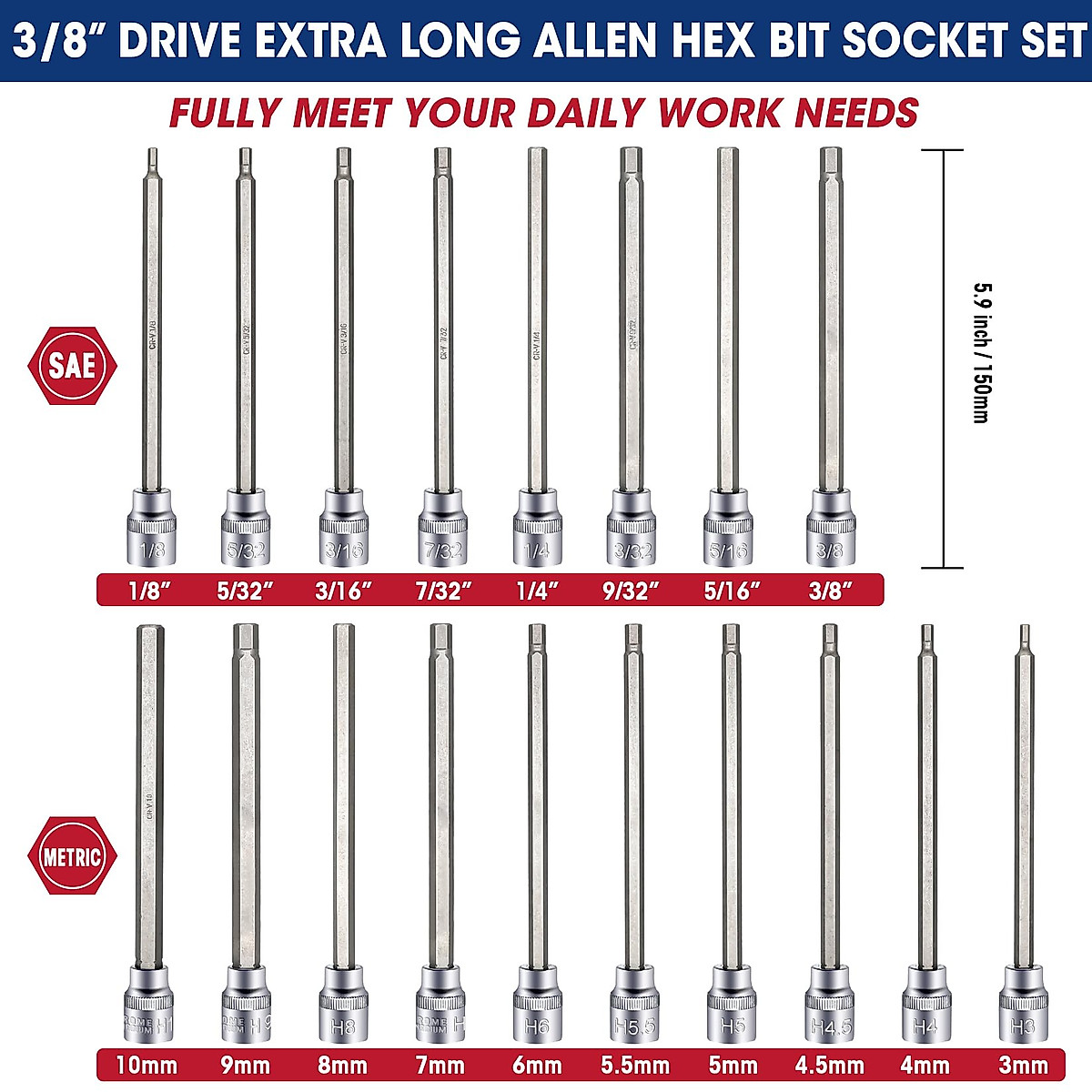 RIZOM 18-Piece 3/8 Inch Drive Extra Long Allen Hex Bit Socket Set, SAE & Metric (1/8-3/8 in., 3-10 mm), CR-V and S2 Steel