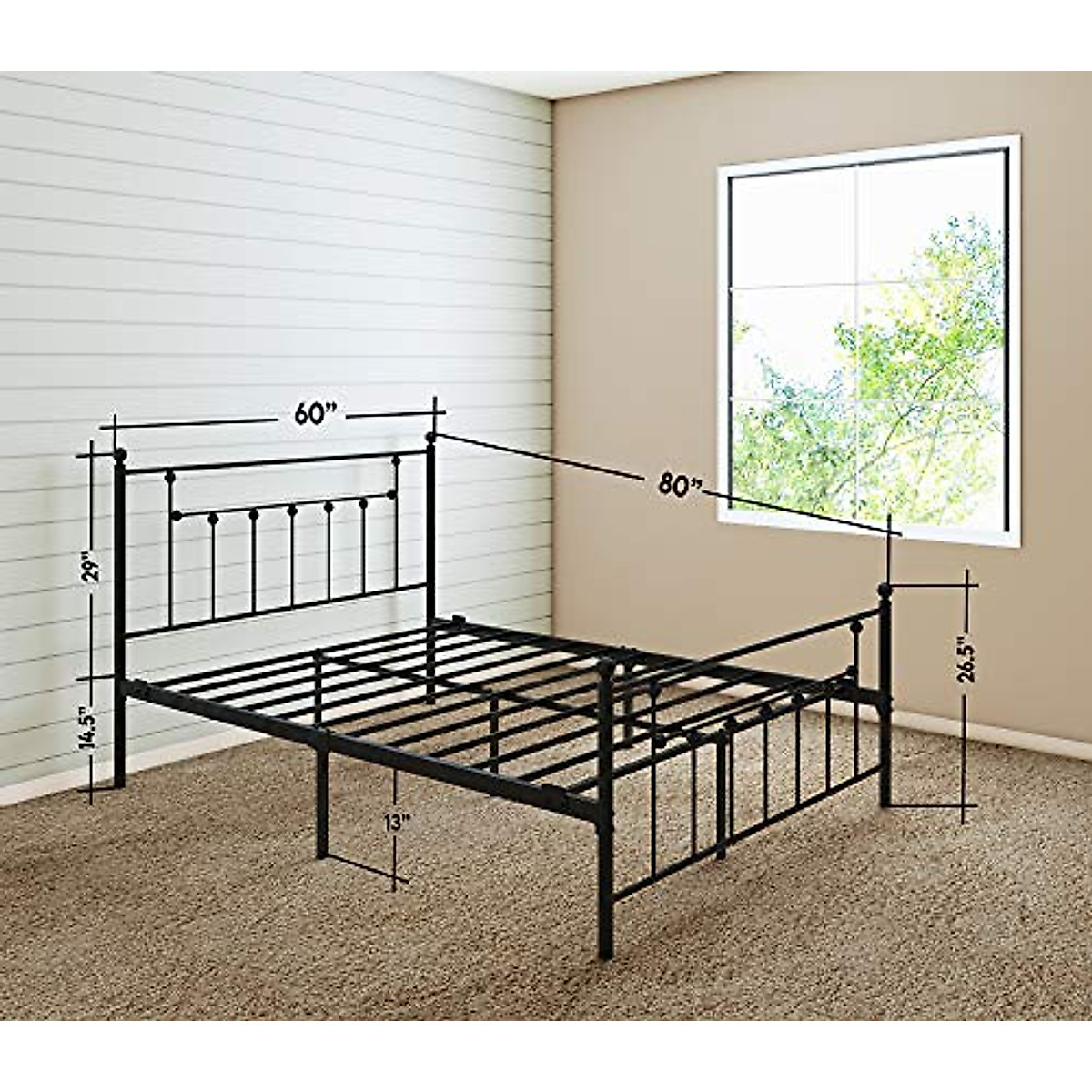 AMBEE21 Victorian Queen Metal Bed Frame with Headboard and Footboard Platform/Wrought Iron/Heavy Duty/Solid Sturdy Metal Slat/Black/No Box Spring Needed/Mattress Foundation/Under Bed Storage
