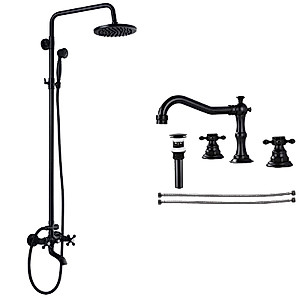 Matte Black Wall Mounted Bathroom Rainfall Shower Faucet System Set Mixer 8’’ Head 2 Cross Handles Victorian Widespread Deck Mounted Three Holes Double Handles Bathroom Sink Faucet