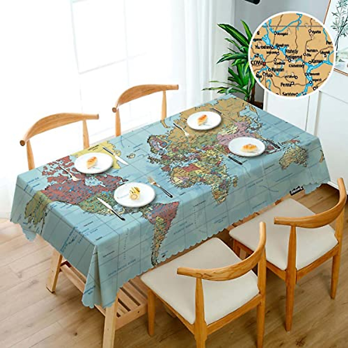 Swono World Map Rectangle Tablecloth Vintage Global Political Map Durable Table Cloth Dining Table Cover for Home Kitchen Restaurant Party Buffet Picnic, 50x72 Inch, Blue