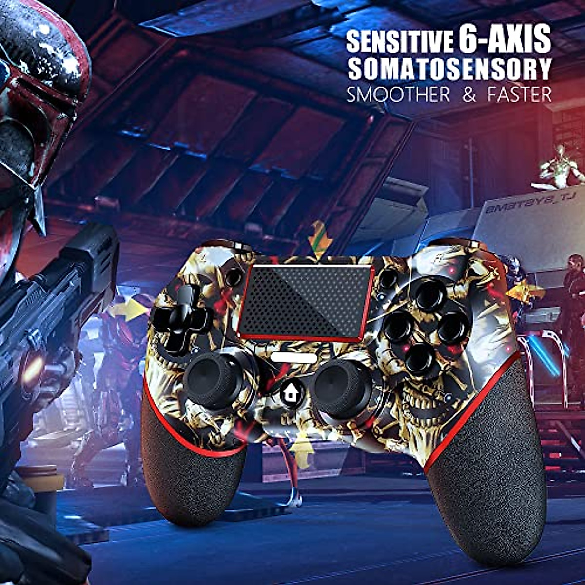 AceGamer Wireless Controller for PS4, Custom Design V2 Gamepad Joystick for PS4 with Non-Slip Grip of Both Sides and 3.5mm Audio Jack! Thumb Caps Included! (Gold Skull)