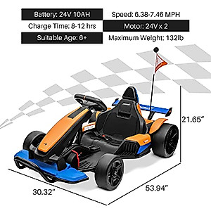 Kidzone 24V Battery Powered Ride On Toy Licensed McLaren MCL35 (F1) Electric Race Pedal Go Kart with 2 Speeds, Sound System, LED Light & Racing Flag, for Ages 6 and Older