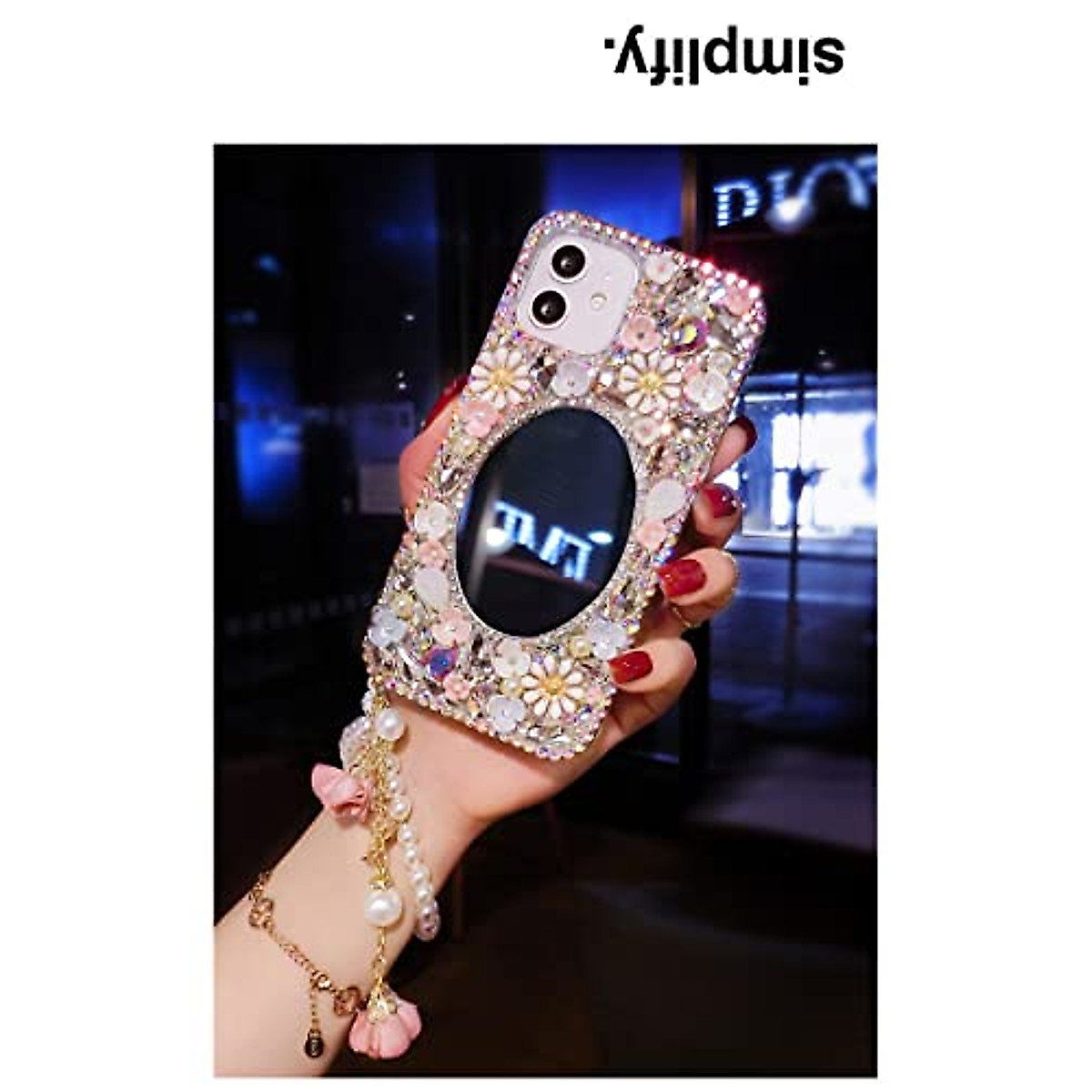 redecarie for Galaxy Note 10 Plus Bling Diamond Rhinestone Mirror Case,Women Girls Cute 3D Glitter Shiny Sparkle Protective Floral Phone Case with Lanyard for Samsung Galaxy Note 10 Plus