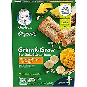 Gerber Organic Grain & Grow Toddler Bars, Banana Mango Pineapple, Soft Baked Grain Bars Toddler Snack, 8 Individually Wrapped Bars/Box (Pack of 2 Boxes)