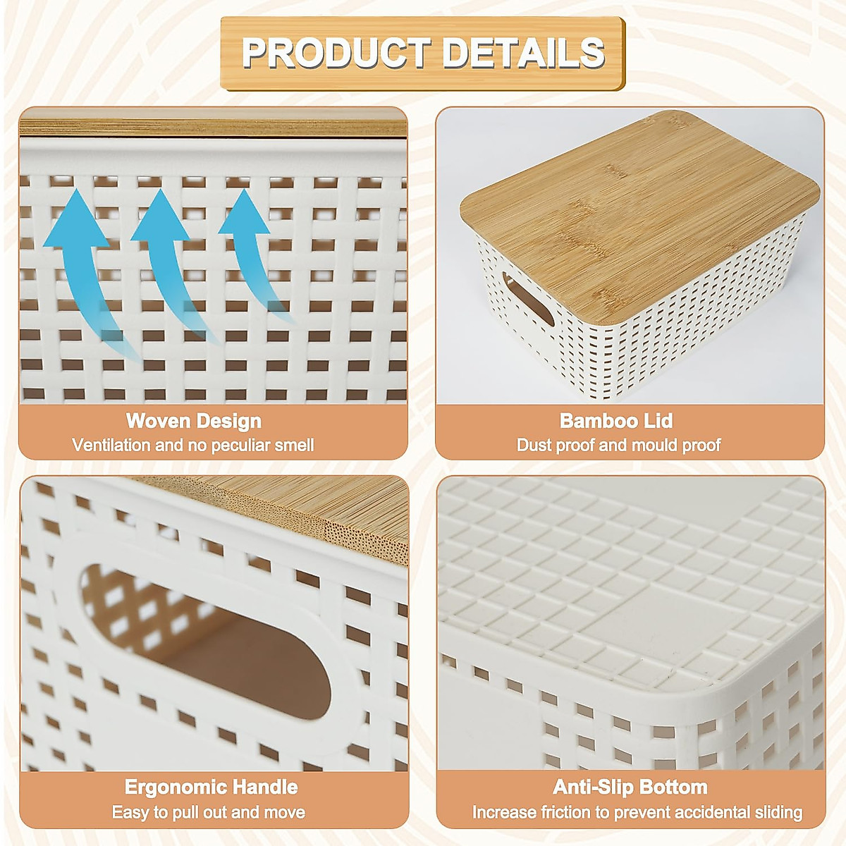 UHAPEER 6 PCS Storage Bins with Bamboo Lids Plastic Baskets Plastic Storage Containers for Organizing Stackable Storage Box with Handle for Shelves Drawers Desktop Closet Classroom Office（White）
