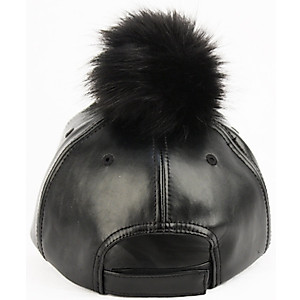 Faux Leather Five Panel Pom Pom Baseball Cap ,Black/Black,One Size