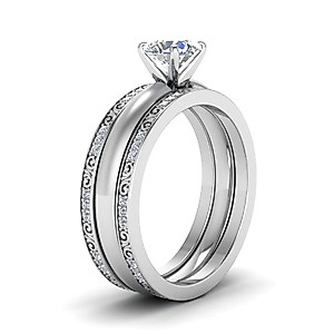 Jewelryonclick 3 Piece Diamond Bridal Set with Filigree Sterling Silver Created Cubic Zircon Round Shape White Color Trio Wedding Ring Sets Prong Setting in Size 9 Fashion Jewelry