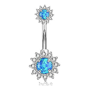 OUFER 14G Belly Button Rings, Double Round Cubic Zircon Filigree Opal Belly Rings, 316L Surgical Steel Navel Rings Belly Piercing Jewelry For Women And Men