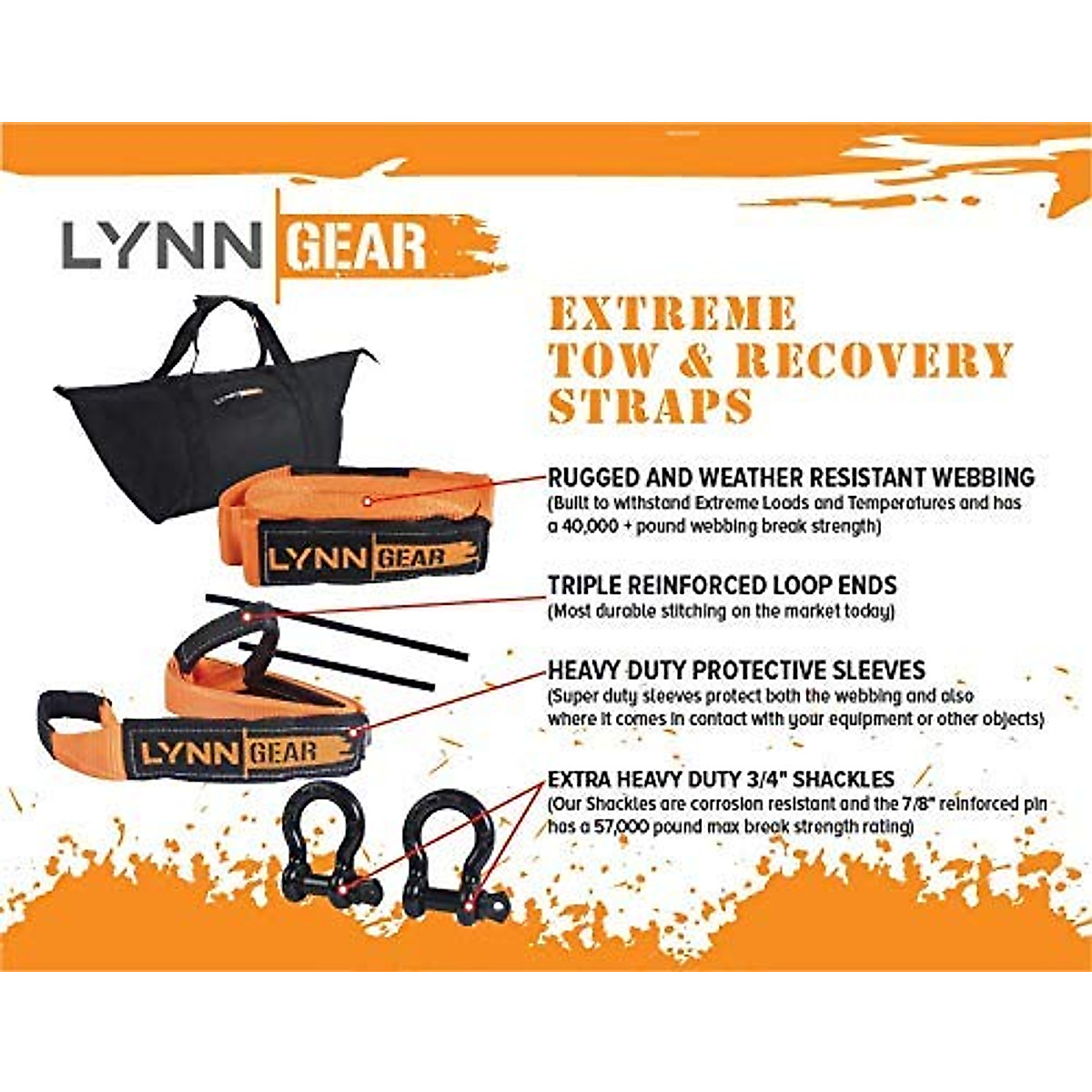 LYNN GEAR - 2PK Tow & Recovery Strap (32,000+ LB Break Strength) & D Ring Shackle Combo Kit | (1) 10' Strap, (1) 30' Strap, (2) Shackles & HD Tote | Vehicle Hauling, Offroad, Pickups & Trucks - Orange