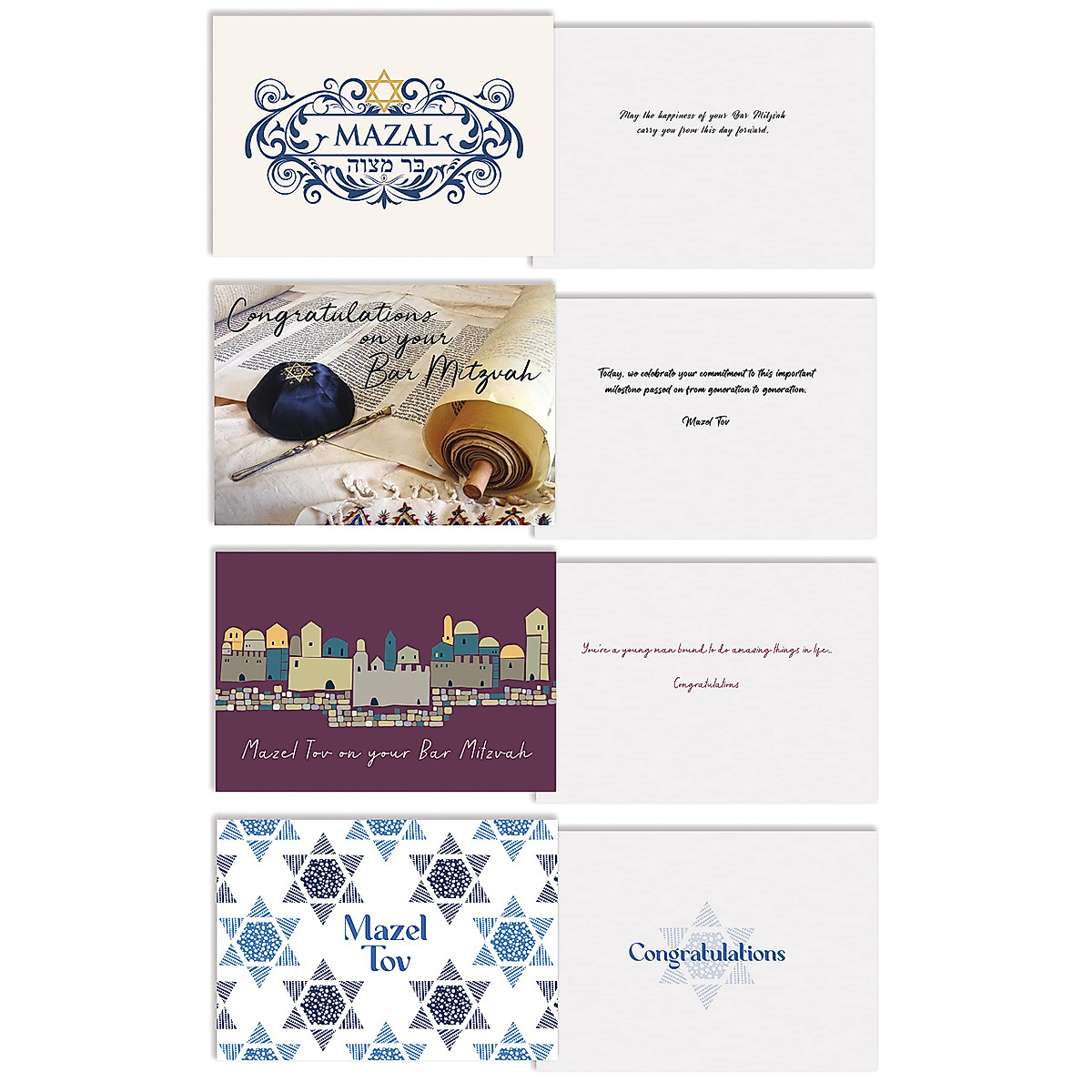 Better Office Products 36 Pack Bar Mitzvah & Bat Mitzvah Cards, Mazel Tov Jewish Celebration Cards with Envelopes, Bulk Set, Classic 5 x 7 Inch Size, 8 Unique Cover Designs with Heartfelt Sentiments