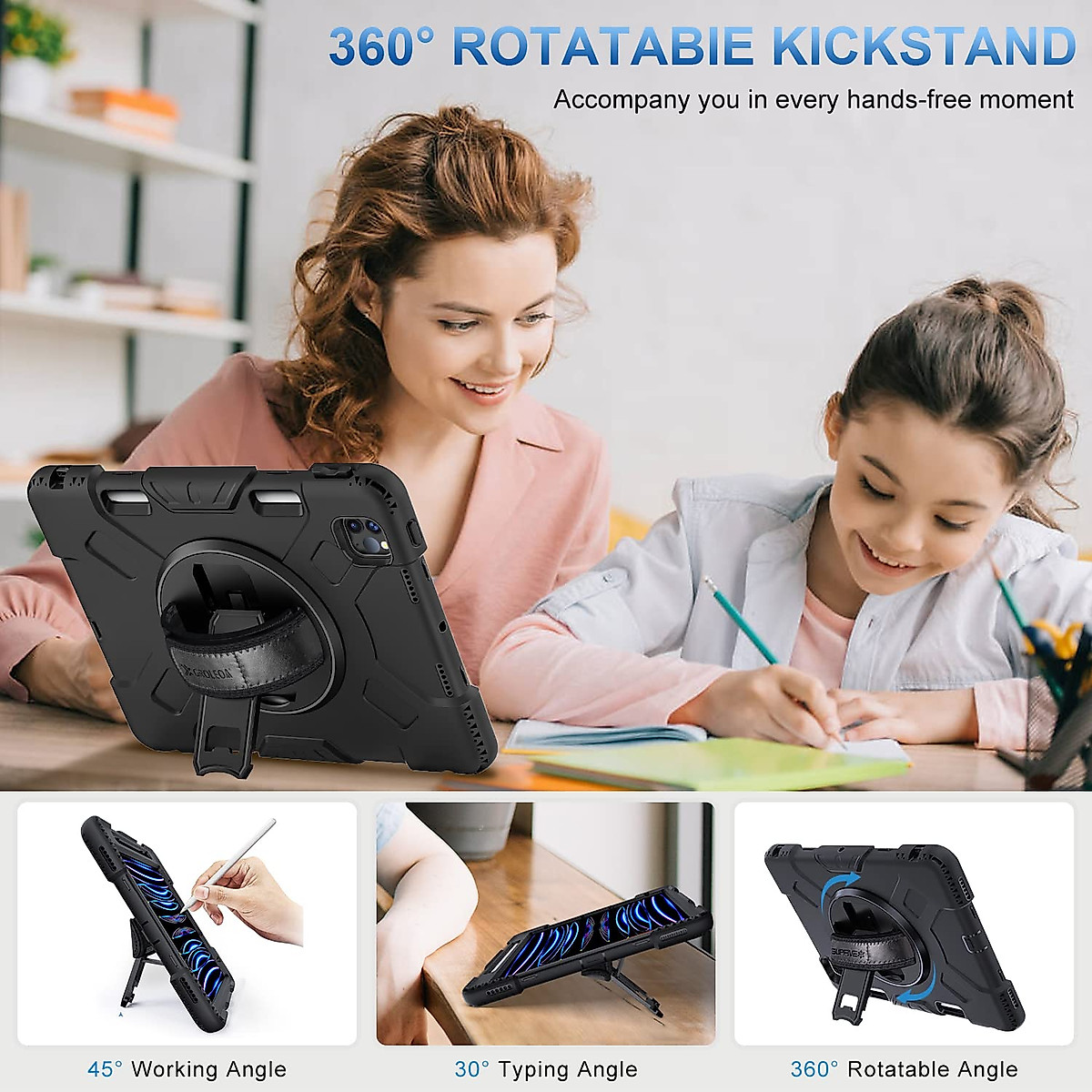 SUPFIVES 2022 iPad Pro 11 inch Case (4th Generation),Upgraded Military Grade Shockproof Silicone iPad Pro 11 4th/3rd/2nd Gen Cover Pencil Holder+ Handle+ Shoulder Strap+ Rotating Kickstand, Black