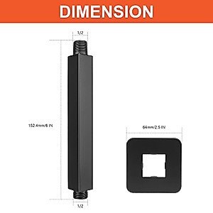 HarJue Ceiling Mounted Shower Arm, Rain Shower Head Square Extension Arm with Flange and Teflon Tape Stainless Steel Ceiling Mount Shower Extender for Fixed Shower Head (6 Inch, Matte Black)