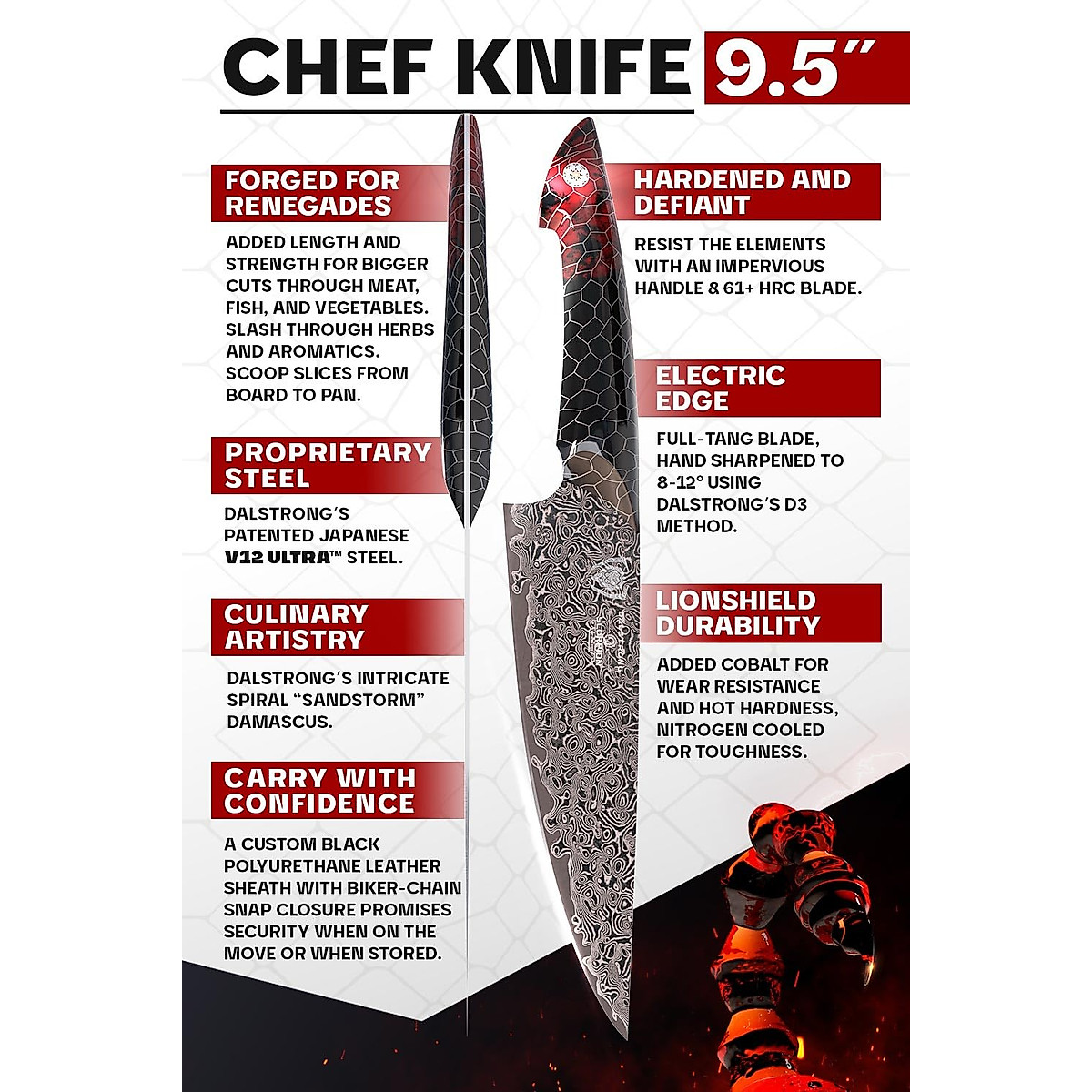 Dalstrong Chef Knife - 9.5 inch - Scorpion Series - Exclusive Japanese V12 Ultra Steel - Black Damascus - Black & Red Honeycomb Resin Handle - Rock-chops, Slicing, Skinning Gift Knife-Leather Sheath