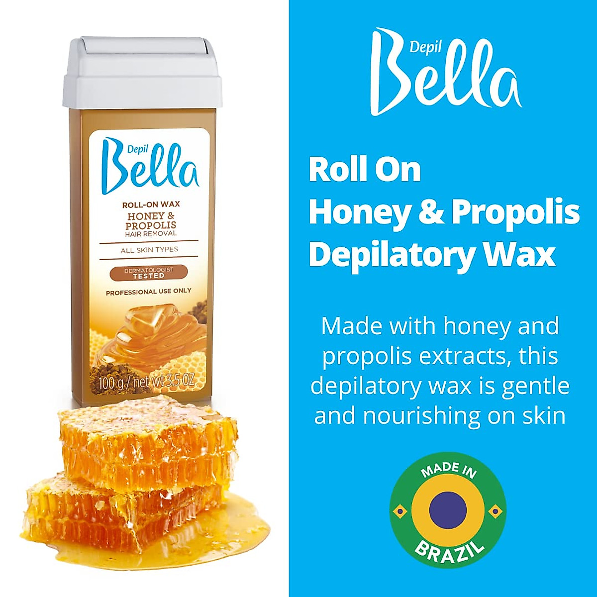 Depil Bella Brazilian Roll On Wax Honey and Propolis Depilatory | Body Waxing, Hair Removal Wax-Cartridge | Men and Women | Home Self Waxing | Sensitive Skin | Dermatologically Tested | (2 PACK)