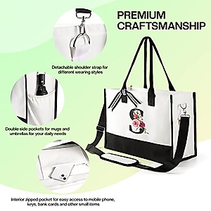 Floral Ini-tial Beach Bag w Makeup Bag, Mono-gram Can-vas Tote Bag for Women w Inner Pocket, Side Pocket, Shoulder Strap, Gift Box, Card, Personalized Gifts Women Birthday Friends Grandma Bridesmaid M