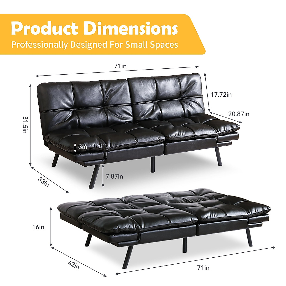 Hcore Convertible Futon Bed, Leather Loveseat Sofas, Natural Black