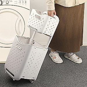 BTSKY Plastic Collapsible Laundry Baskets Wall Hanging Dirty Clothes Hamper with Hidden Pull-rod Multifunctional Plastic Laundry Baskets for Laundry Room Organization Bathroom Hotel and Camping, White