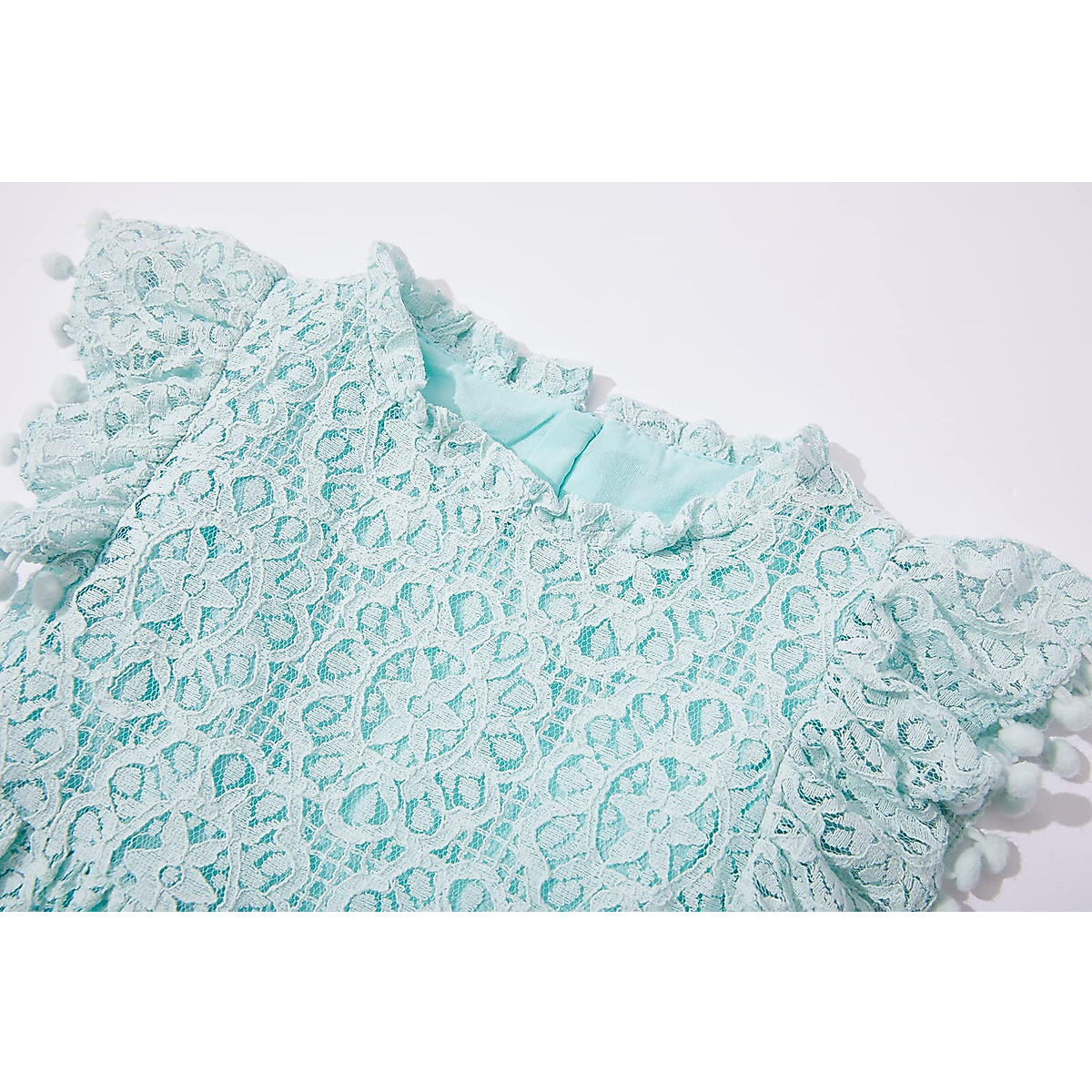 Csbks Toddler Girls Cute Pompoms Lace Floral Elegant Retro Swing Party Dress Blue-Green 130