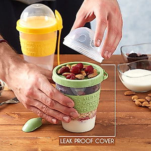 Yogurt Parfait Cups for Breakfast, Oatmeal or Fruit Container, Snack Bowl and Spoon for Lunch Box, Portable & Reusable, 2 PCs (Green & Yellow)