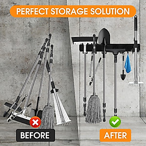 Garage Organization,Garage Tool Organizer with 6 Removable Hooks and 3Rails,Yard Tool Organizer For Garage 48 Inch,Tool Storage Organizer for Ski Gears, Chair, Broom, Mop, Rake Shovel Yard Tools