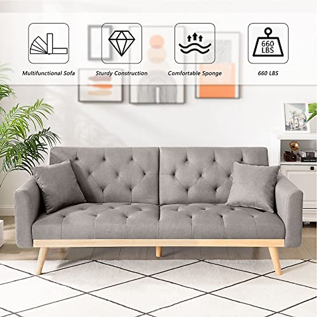 Recaceik Futon Sofa Bed, Convertible Bed Sectional Couch with Two Pillows & Adjustable Backrest, Folding Loveseat Sleeper Sofa Bed with Removable Armrests Linen Fabric Futon Couches for Living Room