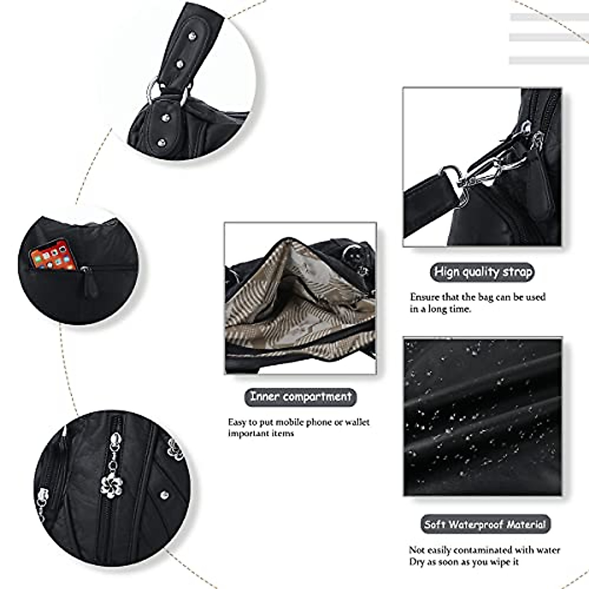 Angel Barcelo Roomy Fashion Hobo Womens Handbags Ladies Purses Satchel Shoulder Bags Tote Washed Leather Bag (Stylish Black)