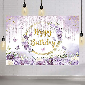 MEHOFOND 10x7ft Spring Purple Floral Happy Birthday Backdrop Girl Violet Dripping Glitter Bday Photography Background Princess Bday Party Banner Cake Smash Gold Spots Vinyl Decor Photo Studio Prop