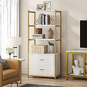 Tribesigns Bookcase, 4-Tier Bookshelf with 2 Drawers, Etagere Standard Book Shelves Display Shelf for Home Office (Gold/White)