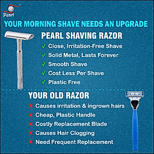 Pearl K2 Dual handle Double Edge Safety Razor made with Brass Metal Handle - New Premium Razor with two handle (long & short) and 10 Premium Stainless Steel Blades for smooth & Irritation-free shave