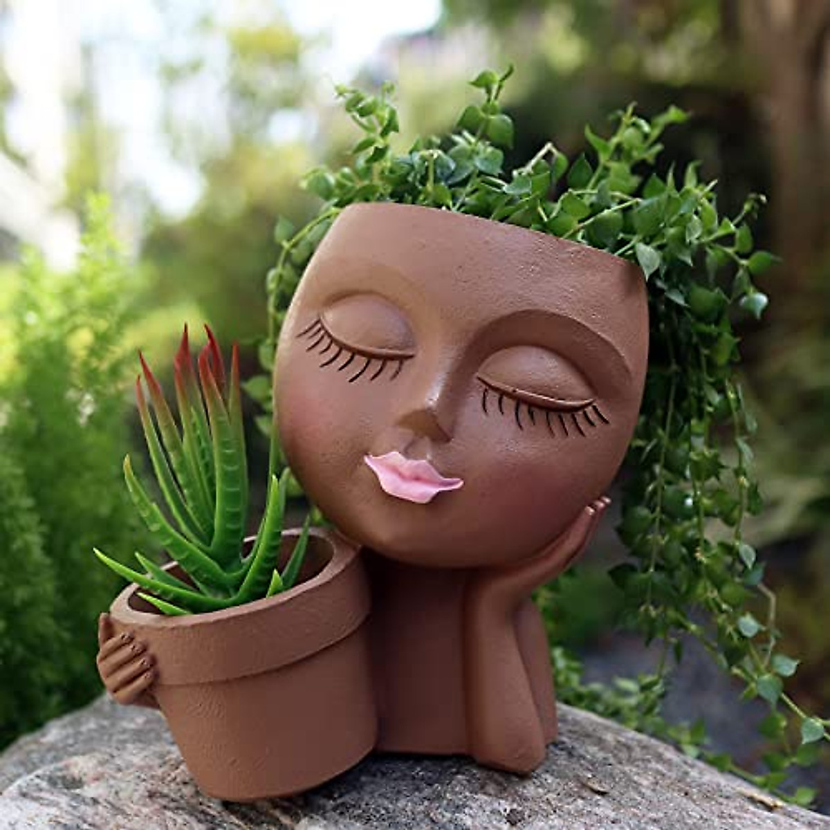 Dolkgy Face Flower Pot Head Planter, Black Woman Unique Planters for Indoor Outdoor Plants, Novelty Plant Pots Lady Vase with Drainage Hole Home Garden Succulents Cactus