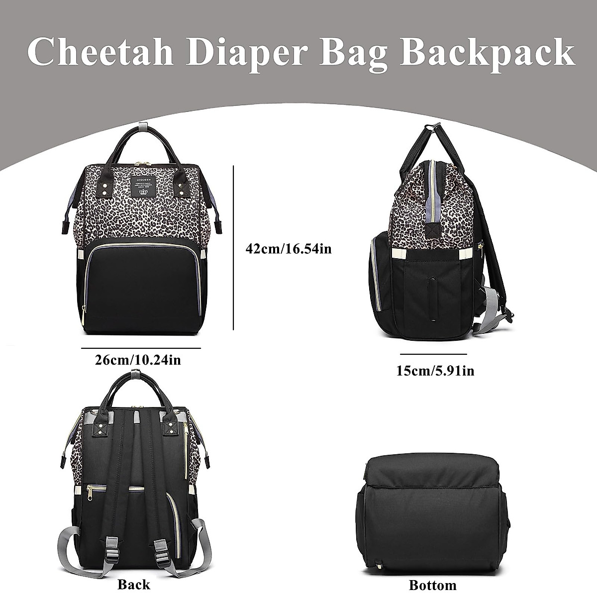 Armbq Leopard Print Diaper Bag Backpack Multi-Function Diaper Bag for Baby Care Waterproof Travel Baby Bag for Mom Gray