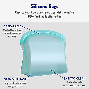 The Clean People Reusable Silicone Storage Bag, Food Storage Container, Microwave and Dishwasher Safe, Leak-free, Medium & Large, Green 3 Pack Set