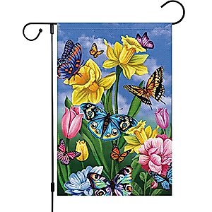 Louise Maelys Spring Garden Flag 12x18 Double Sided Vertical, Burlap Small Butterfly Floral Flower Welcome Garden Yard House Flags Outside Outdoor House Spring Summer Decoration (ONLY FLAG)
