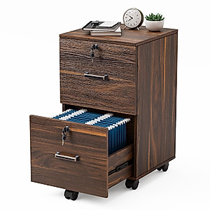 VINGLI 2 Drawer File Cabinet with Lock, Wood Dark Brown File Cabinet for Letter Size File Folders with Tabs, Under Desk Rolling File Cabinets for Home Office, Mobile Filing Cabinet Printer Stand