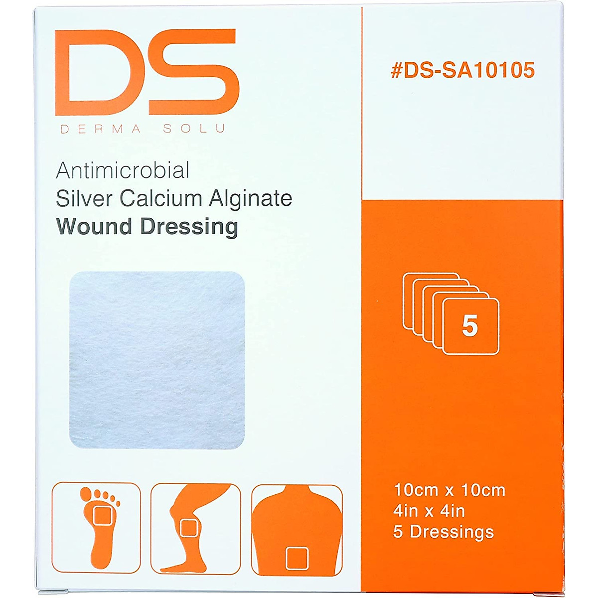 DERMA SOLU 4” x 4” Silver Calcium Alginate Wound Dressing Alginate w/Silver Sterile (4" x 4" (5 Dressings))