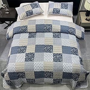VIVILINEN Queen Size Quilt Set Grey Patchwork Floral Plaid Reversible Quilted Bedspread Coverlet 3-Piece Lightweight Comforter Stitched Bedding Set Bed Sheet Set Cover Blanket with 2 Pillow Shams
