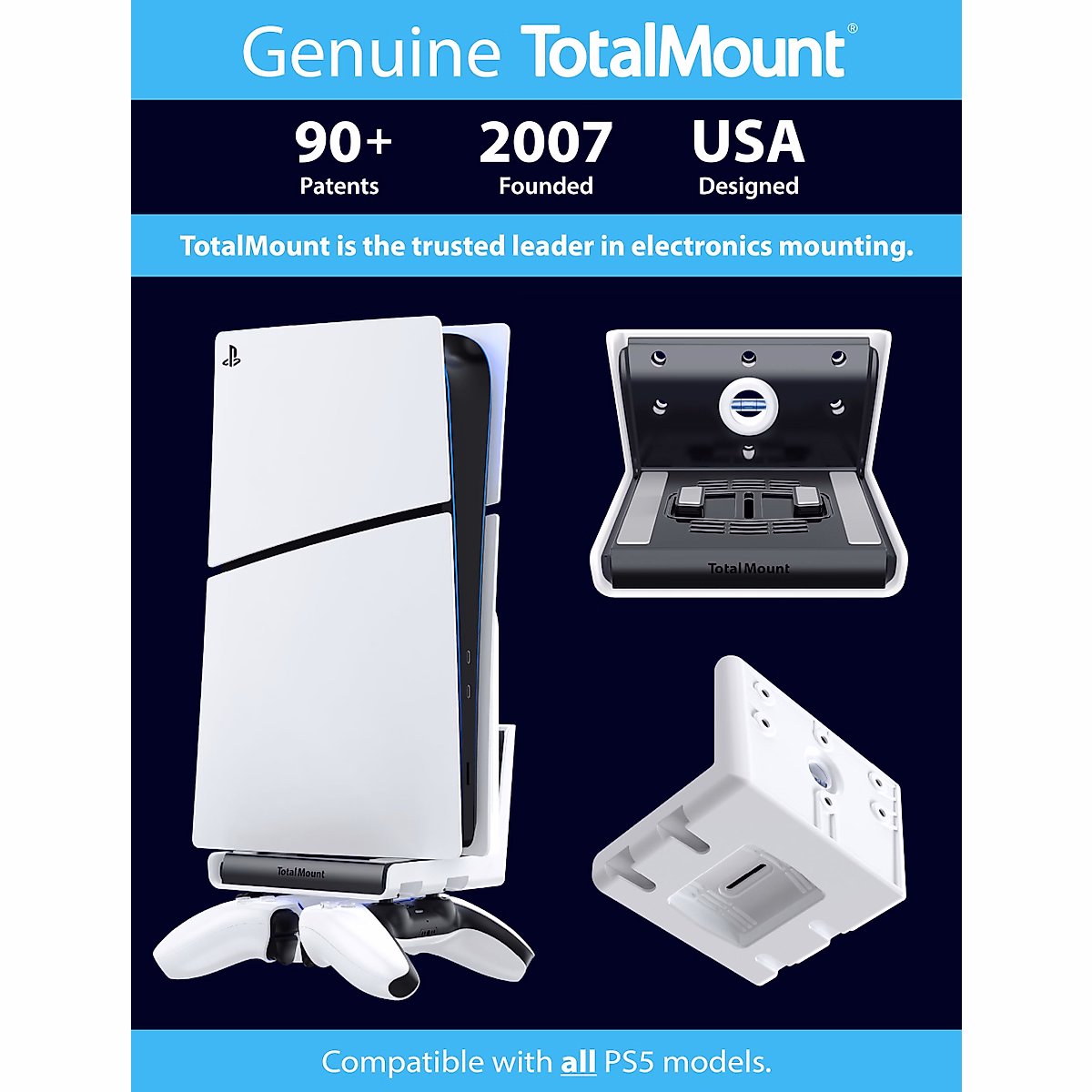 TotalMount Wall Mount for All PS5 Models – Bonus: Holds Two Controllers (Compatible with All PS5 Models Including Slim, Pro, and Original)