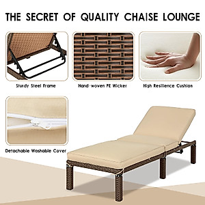 Grepatio Patio Chaise Lounge Chair Outdoor Wicker Rattan Daybed Adjustable Pool Furniture Chair with Cushions Beach Lounge Chair Sun Lounger for Outside (1 Pcs)