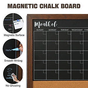 4 THOUGHT Chalkboard Calendar Corkboard Combo, 18" x 24" Bulletin Board Magnetic Calendar Chalkboard for Wall Combination Board Monthly Planner Rustic Brown Frame 2 Markers 6 Magnets 4 Pushpins