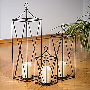 Set of 3 Tall Metal Lanterns 24’’ & 19’’ & 13’’ Elegant Decorative Lantern with Pillar Candle Holder, Garden Porch Night Indoor/Outdoor for Wedding Décor, Party, Christmas (Black)