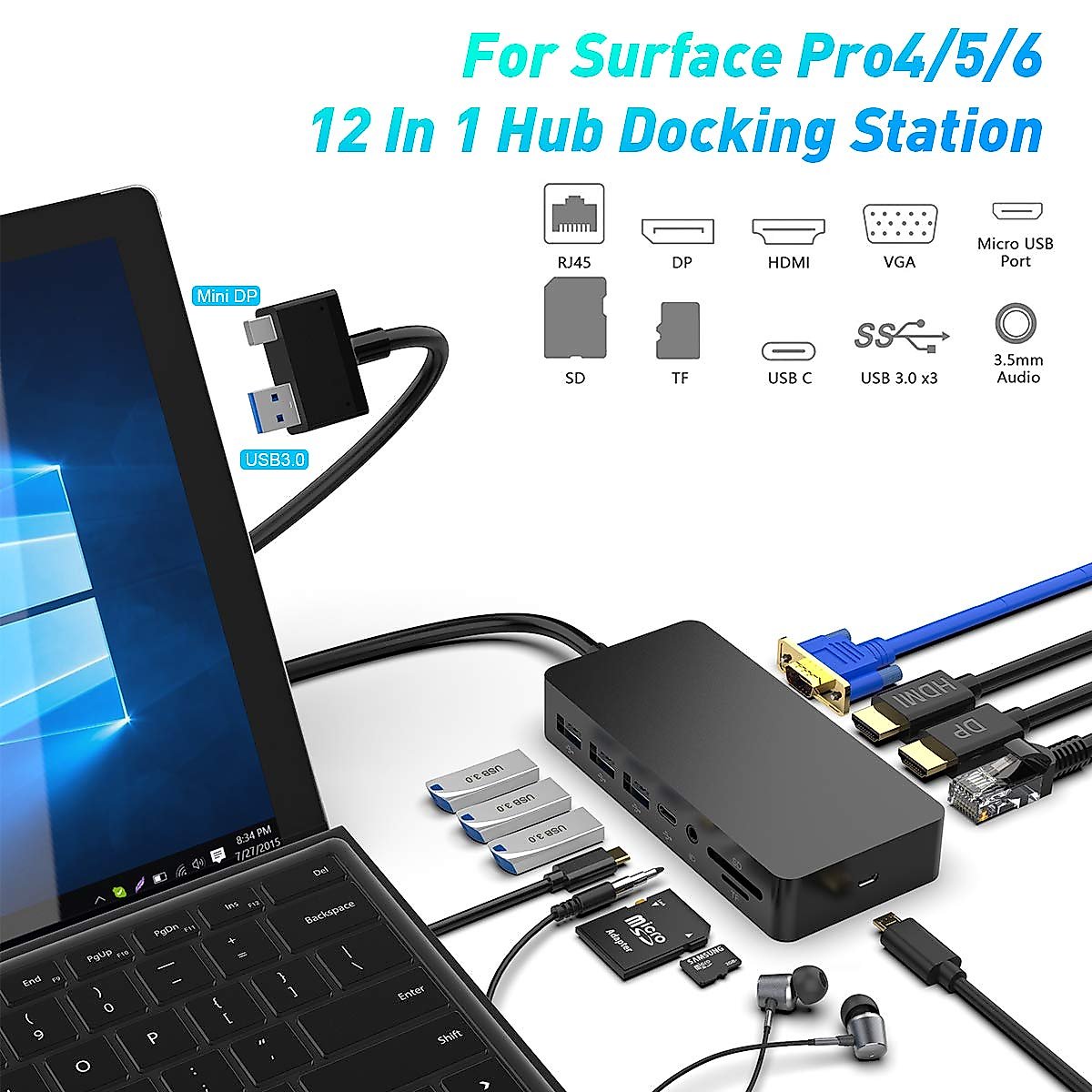 12 in 1 Surface Dock (2*HDMI +VGA), Microsoft Surface pro Docking Station Triple Display (Surface-Dock-701)