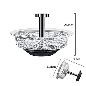 2-Pack Kitchen Sink Strainers, Food Waste Leak Mesh with Rubber Stopper at Bottom, Fits 3.1-2" Drains, Stainless Steel Basket with Plastic Knob, Sink Drain Strainer (Upgrade)