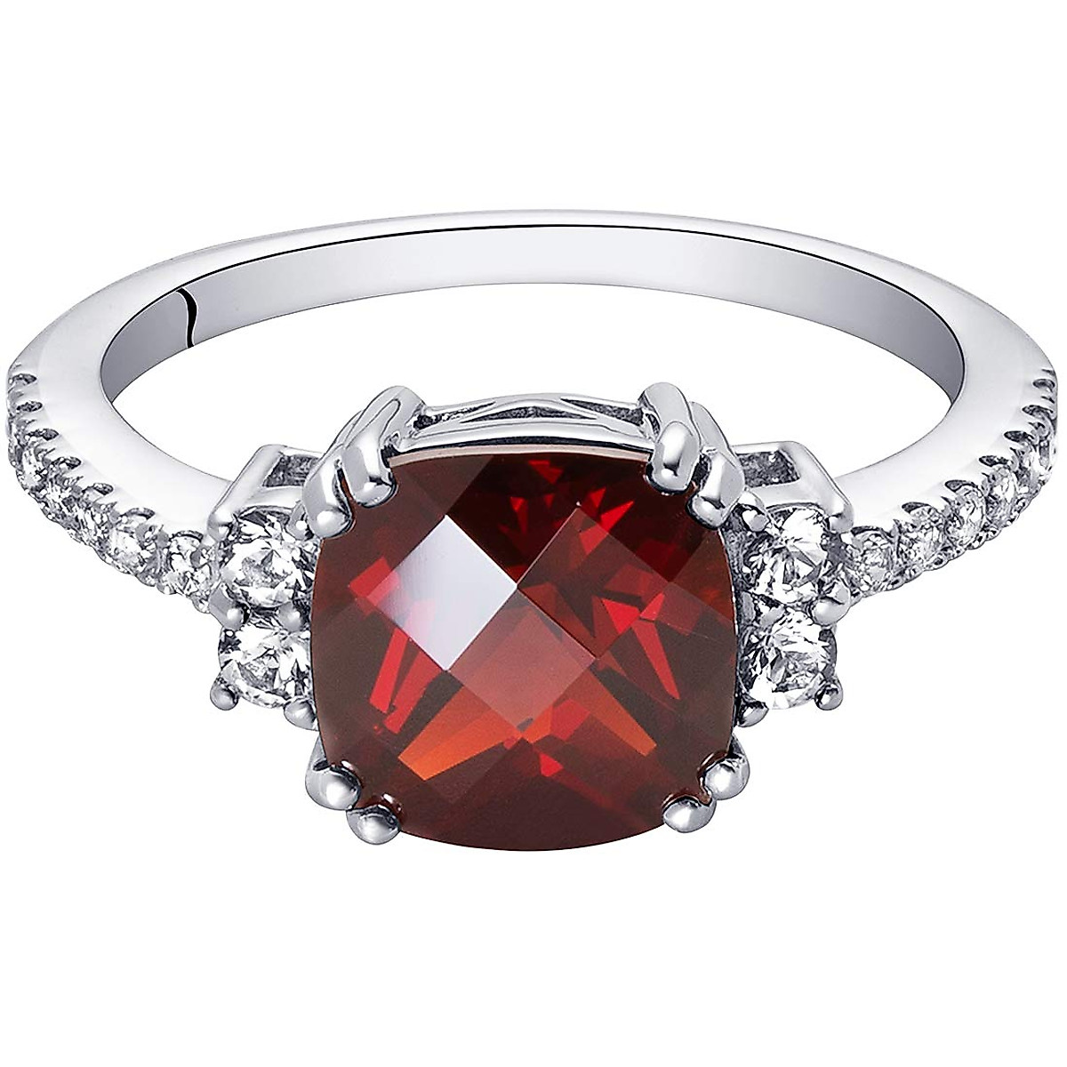 PEORA Garnet Ring for Women in 14K White Gold with White Topaz, Genuine Gemstone Birthstone, Designer 2.50 Carats Cushion Cut 8mm, Size 6