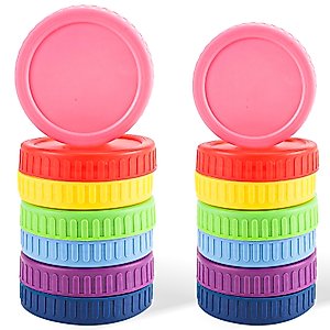 14 Pack 7 Wide Mouth & 7 Regular Mouth Mason Jar Lids, Suitable for Ball, Kerr and More, with Silicone Rings, Leak proof Plastic Storage Cap, 86mm &70mm, Reusable Jar Lid Tops, Colored Caps for Mason
